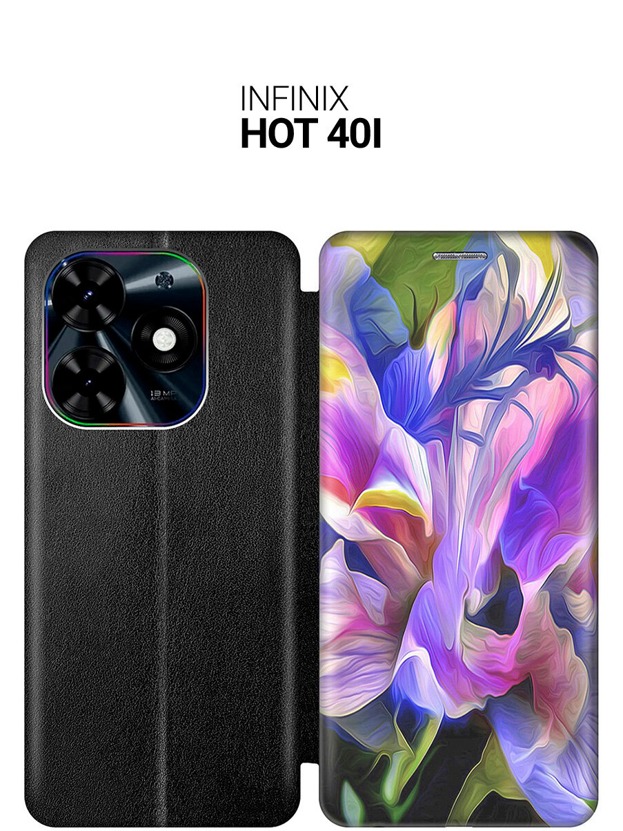 Чехол-книжка на Infinix Hot 40i / Инфиникс Хот 40 ай с рисунком "Цветочная абстракция" черный