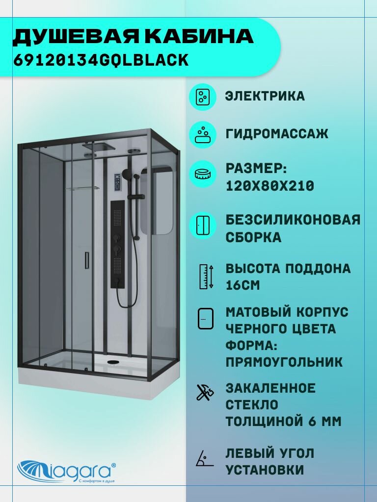 Душевая кабина Niagara Premium NG-6912-01GQL BLACK (120х80х210) низкий поддон(16 см), черный, стекло тонированное,5 мест