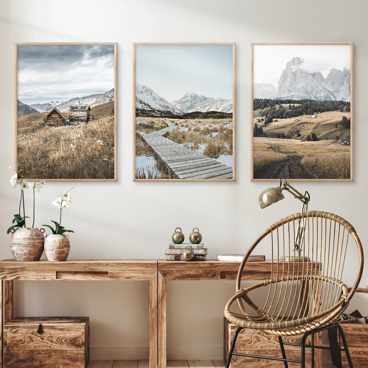 Постер 3 шт 30x40 без рамки "Пейзаж горы поля" набор картин для интерьера