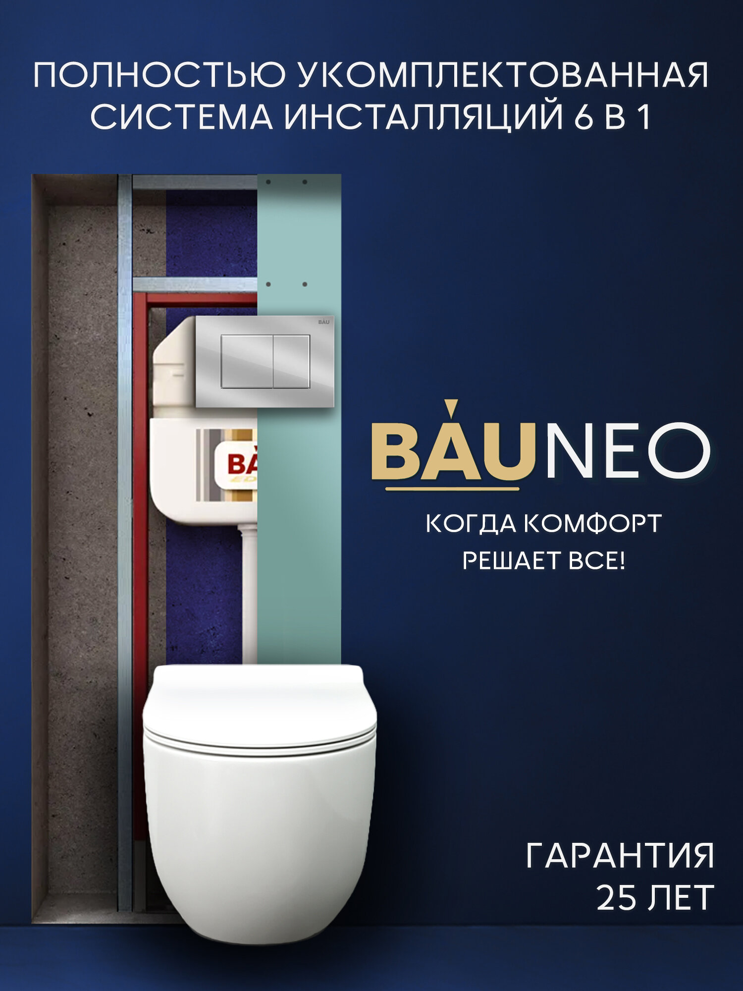 Комплект BAU 6 в 1: рамная инсталляция BAU NEO 45, унитаз подвесной безободковый Bau Dream Pro, быстросъемное тонкое сиденье дюропласт микролифт, кнопка смыва BAU Stil , хром