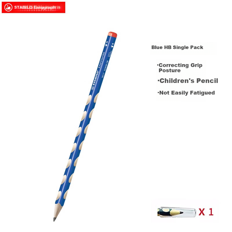 STABILO Hole Punch Pencil for Elementary School Students HB Pencil Children's Corrective Grip Writing Practice Exam Homework Pencil 324 Blue Single Pack (with Cap)