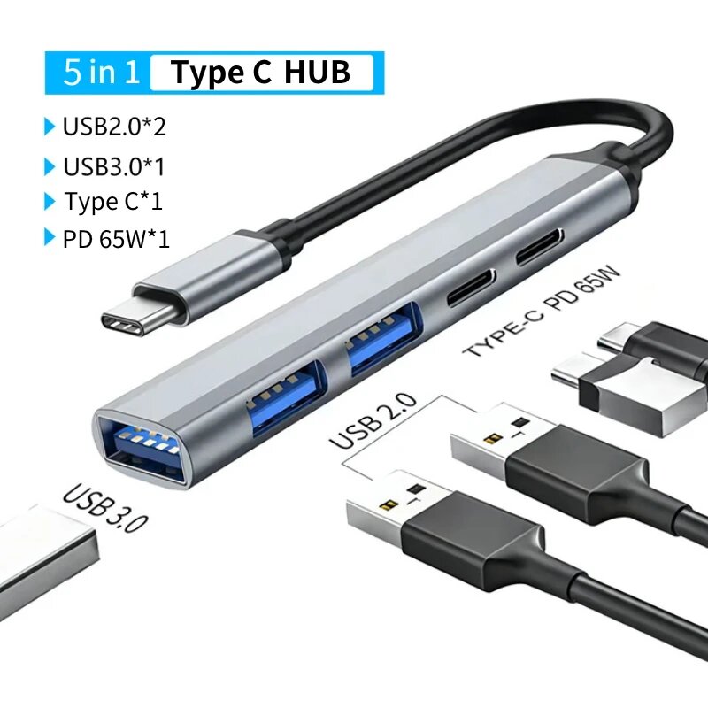 USB C хаб 5 в 1 с USB 2.0, USB 3.0, Type C, PD 65W