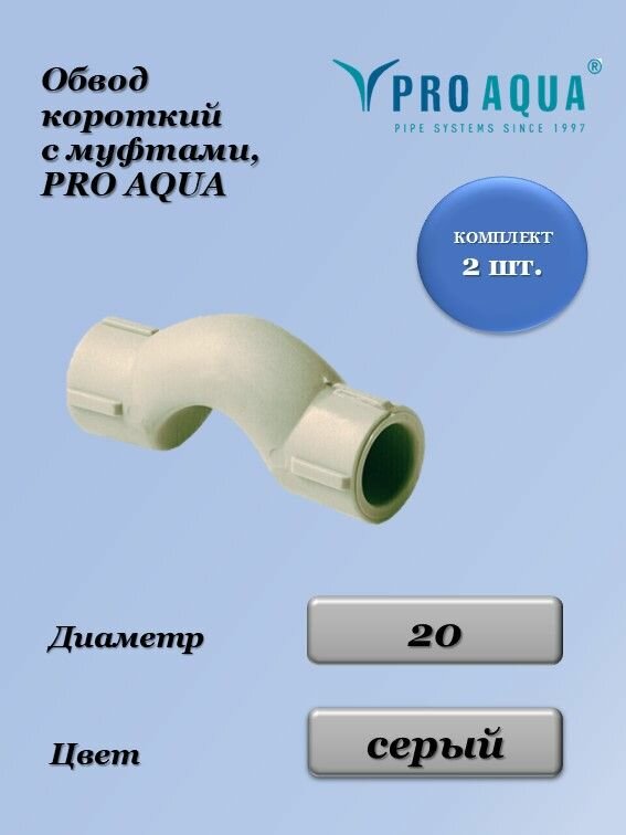 Обвод короткий с муфтами, PPR 20 мм Серая Pro Aqua (Комплект 2 шт.)
