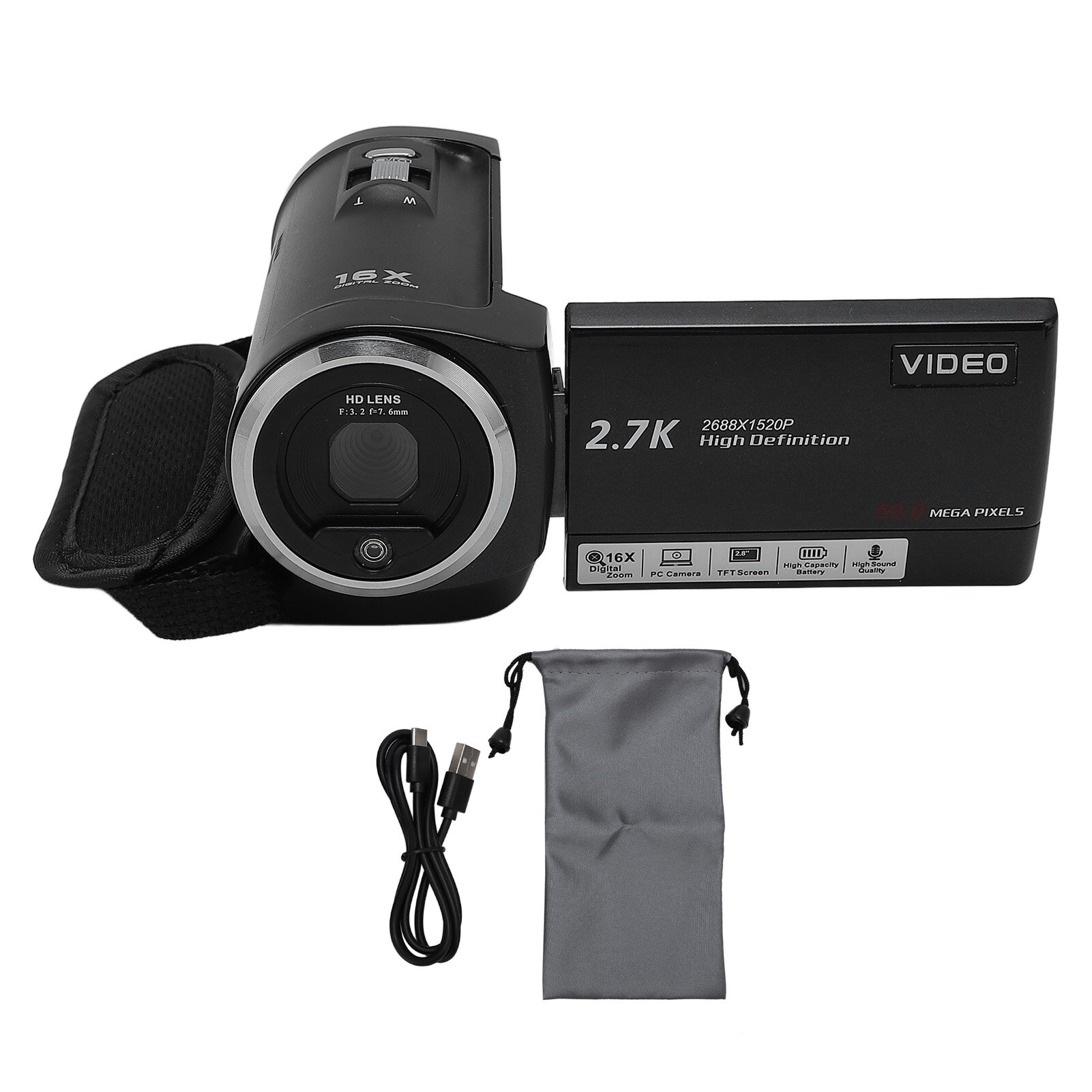 Видеокамера Камкордер 50MP 2.7K HD 16X Цифровой Zoom 2.8-дюймовый вращающийся экран Цифровой видеорегистратор с USB-портом 1/4-дюймовая резьба для путешествий 128 ГБ