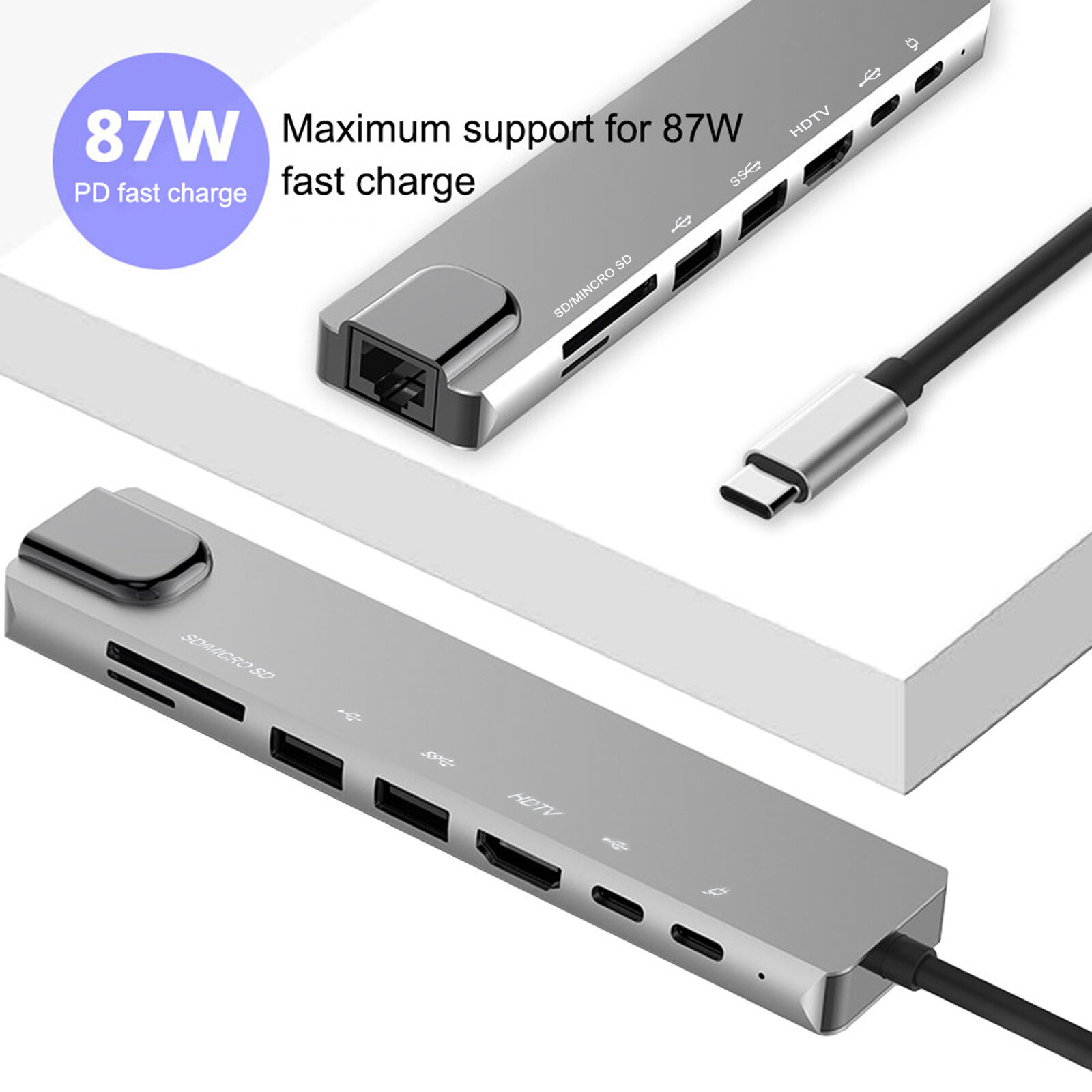 8в1 USB C Концентратор TypeC Докстанция Мультипорт Адаптер с 4K HD RJ45 Ethernet USB 3.0 PD Зарядкой