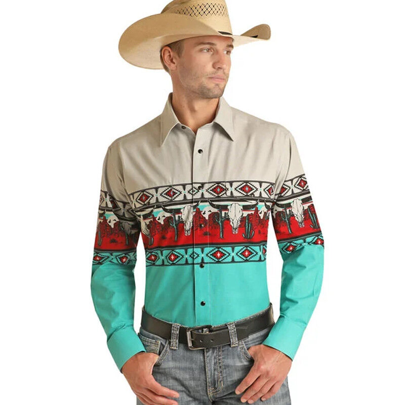 Вестерн ковбой тренд ретро молодежная мужская панк цифровая печать двойной карман мужская рубашка