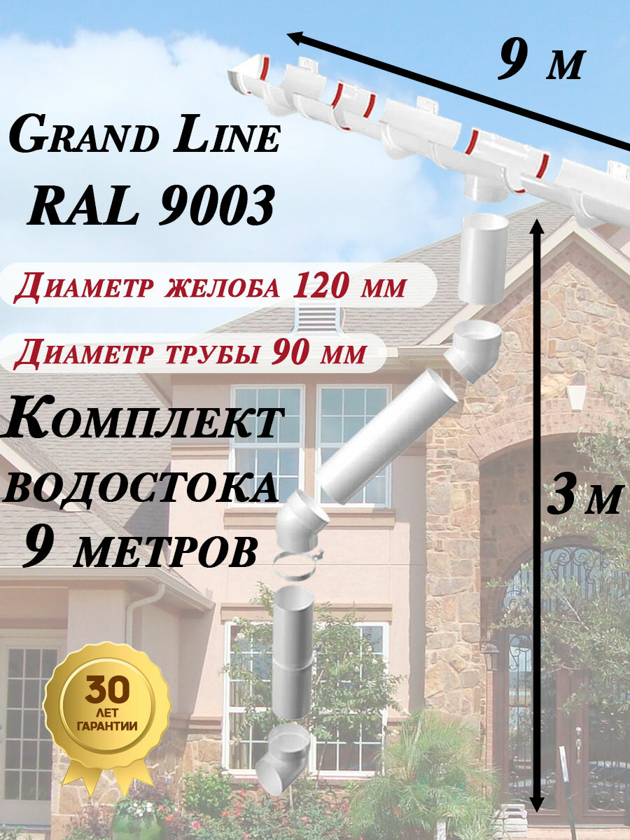 Водосточная система Grand Line 9 м по 1 метру ( 120мм/90мм ) коричневый (RAL 8017 шоколадный) водосток для крыши пластиковый (Гранд Лайн) комплект ПВХ