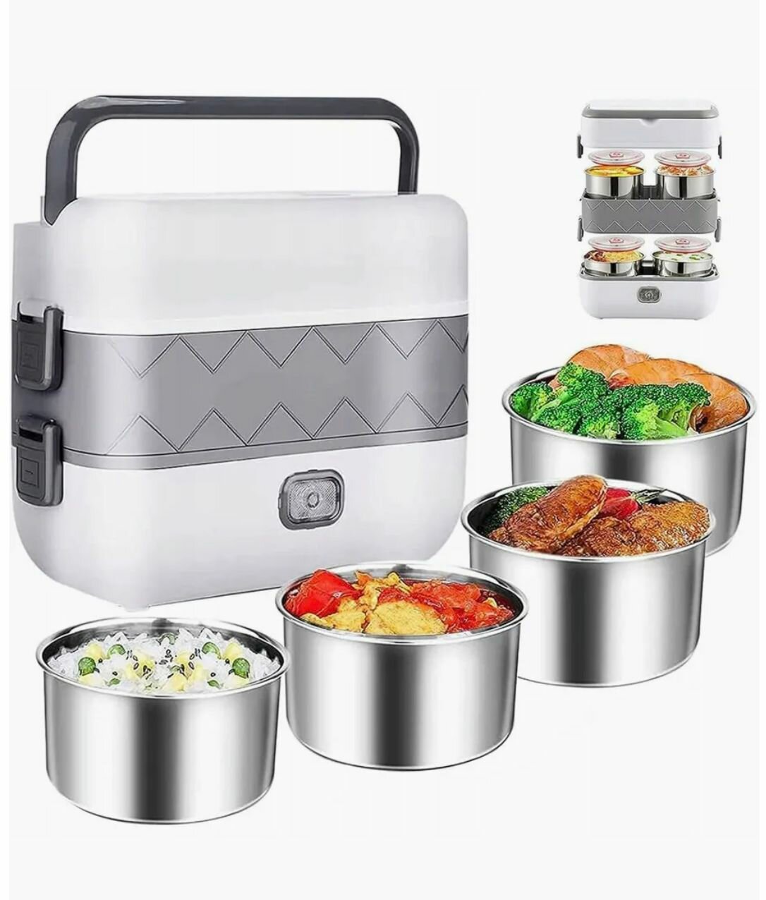 Ланч-бокс, электрический, термос, с подогревом, 4 чаши, нержавеющая сталь, крышка-чашка, белый