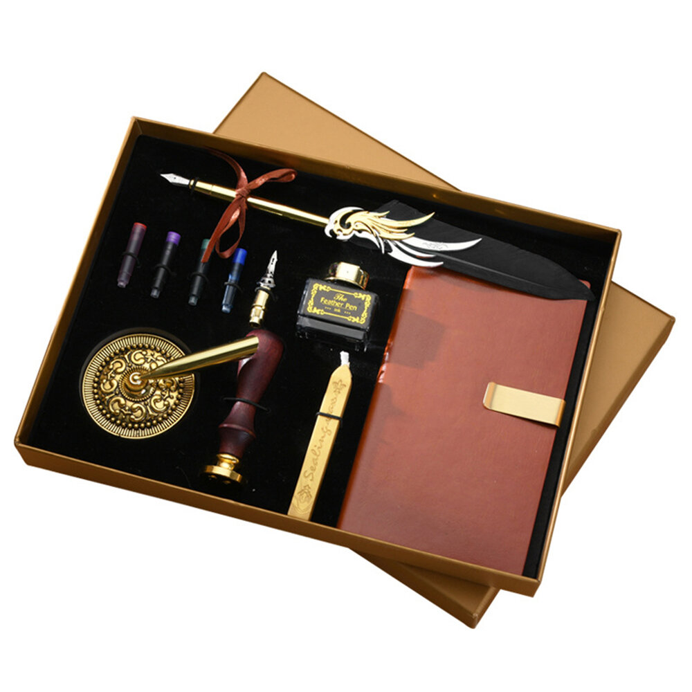 Набор для письма с перьевым пером и чернилами Retro Feather Dip Ink Pen Set с блокнотом из ПУ-кожи, 2 ручками, воском для печати в подарочной коробке для студентов, друзей, цвет: Бордовый, Черный, Серый, Белый, Тёмно-синий (по выбору), чернила 15мл,