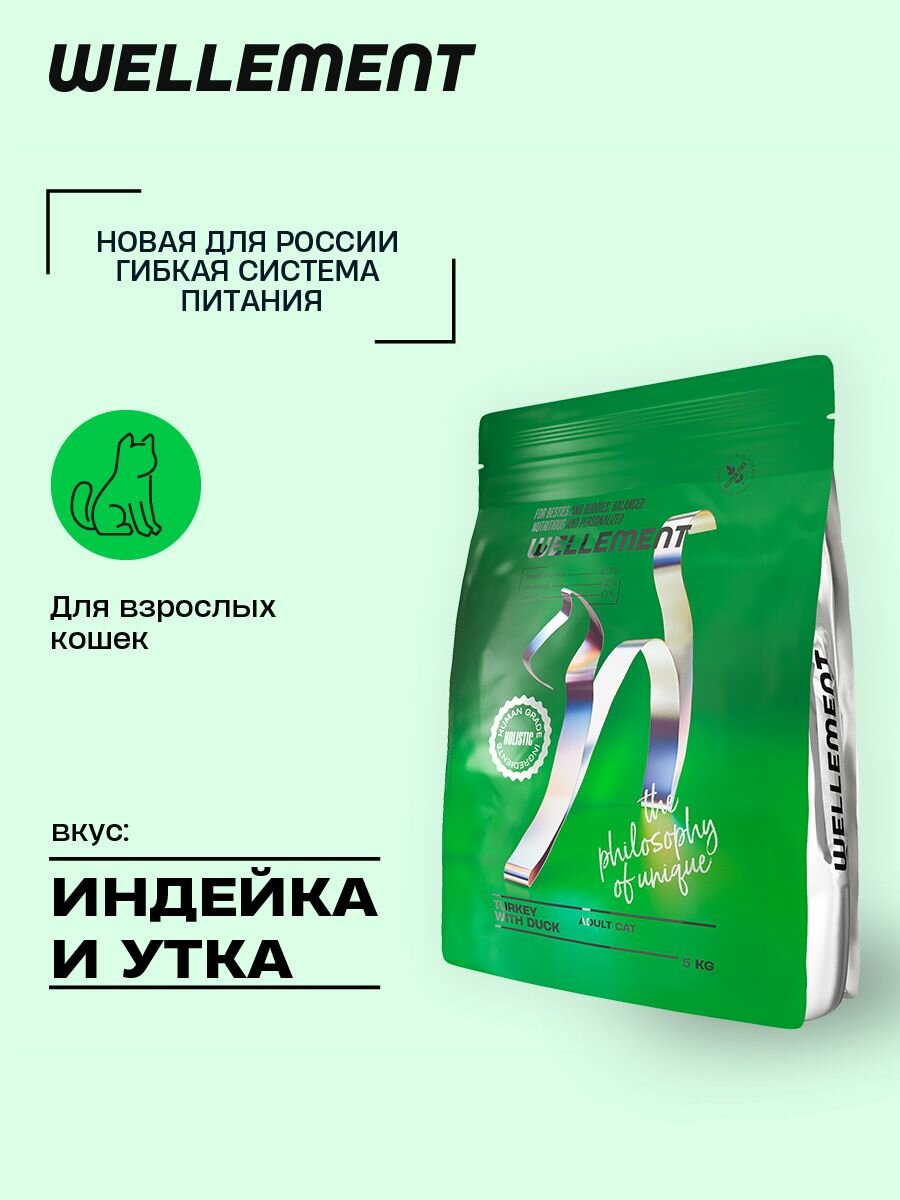 Беззерновой сухой корм холистик Wellement для взрослых кошек с индейкой и уткой, 5 кг