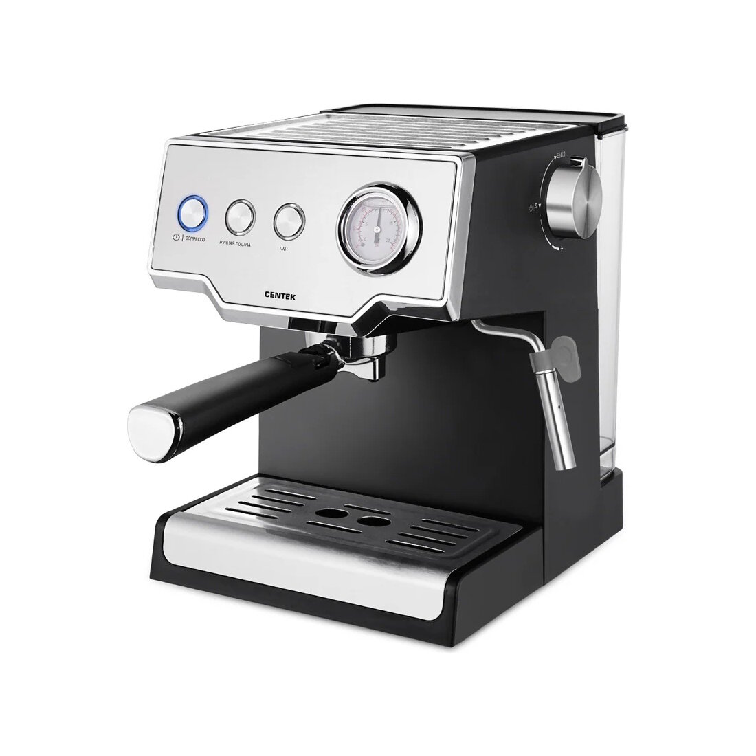 Кофеварка рожковая Centek CT-1167 2 порции, 20 бар, электрическая 850 Вт, чёрно-серебристая