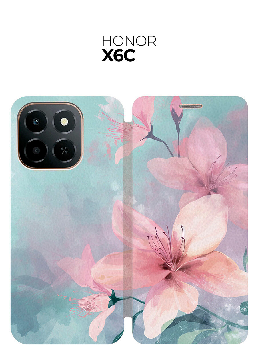 Чехол-книжка на Honor X6C с принтом "Розовые лилии" золотой