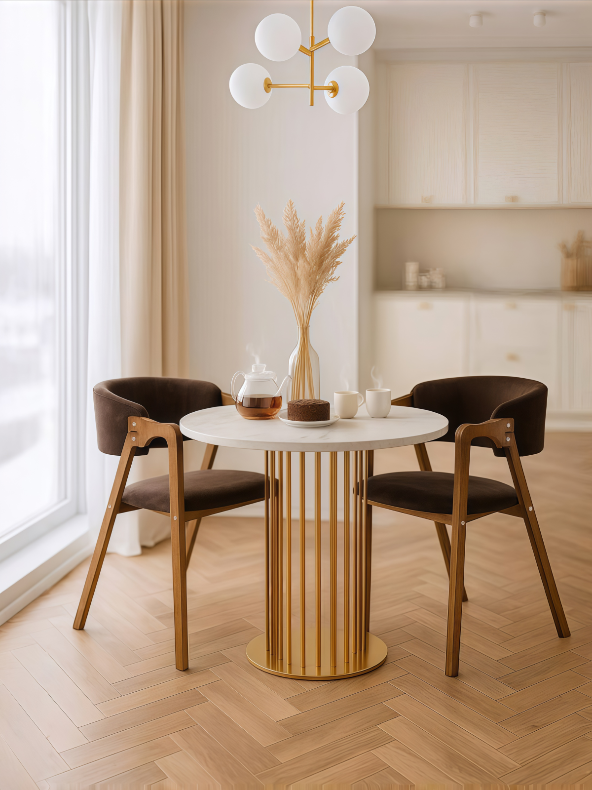 Стулья для кухни 2 шт. со спинкой мягкие деревянные, кресла для обеденной зоны с подлокотниками, велюр, Коричневый