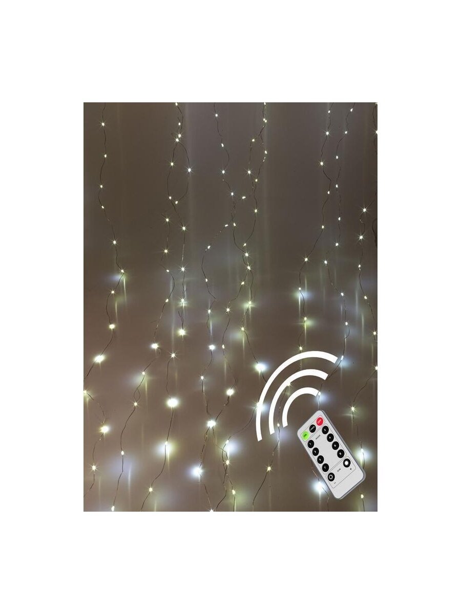 Гирлянда светодиодная "Дождь" 3х3м 300LED с крючками для крепления тепл. бел. 8 режимов мигания питание от USB 5В пульт ДУ космос KOC_CUR-U103