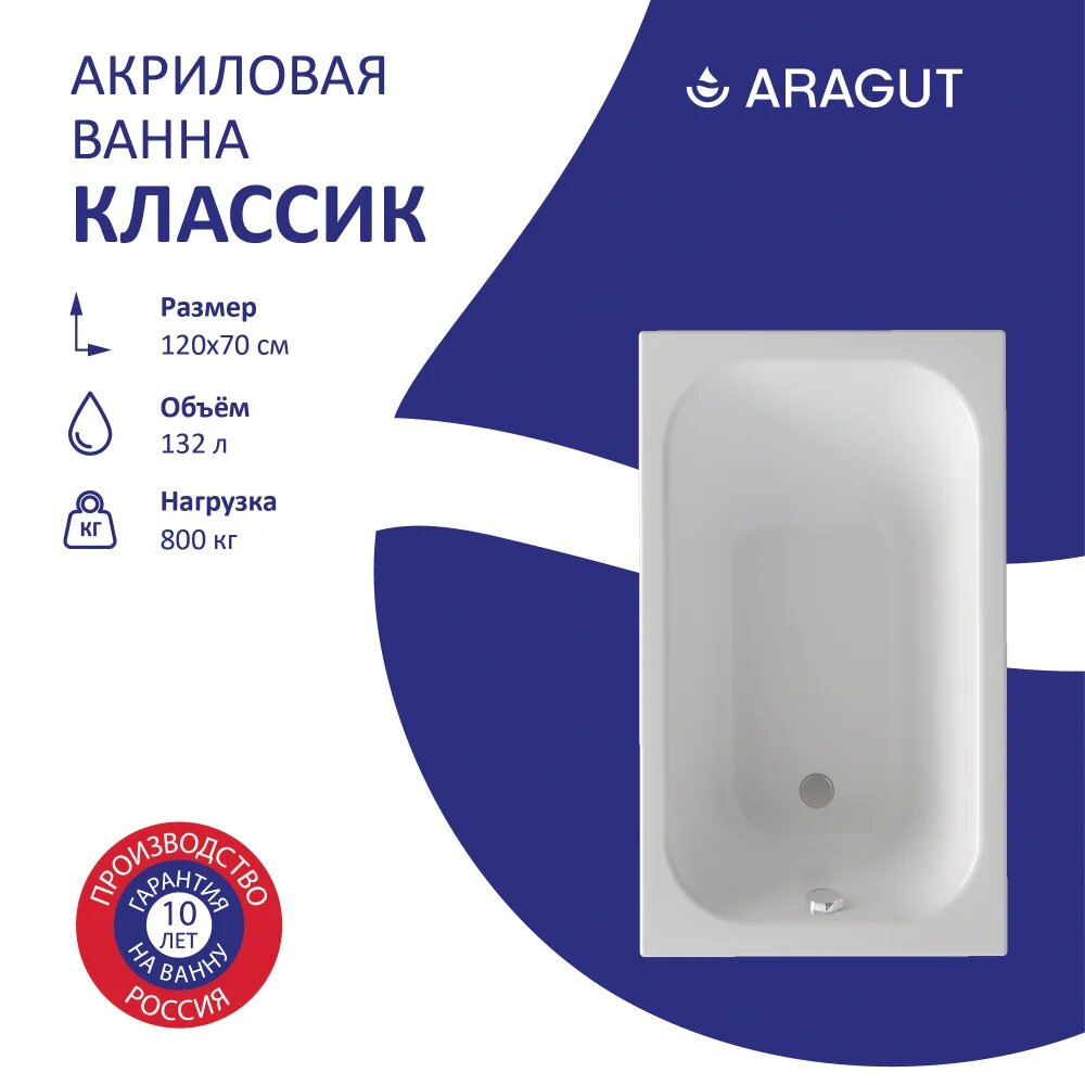 Акриловая ванна ARAGUT Классик 119x69, на ножках, пристенная, белая, глянцевая, прямоугольная, антискользящее покрытие