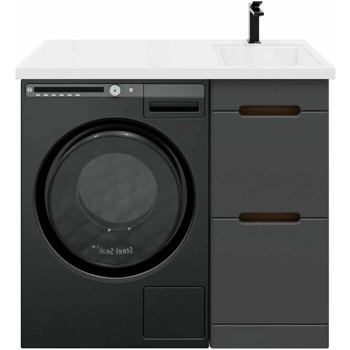 Тумба с раковиной SanStar Darko 100 R под стиральную машину под стиральную машину, напольная, 100, 2 см, серая, черная, светлое дерево, глянцевая, из МДФ, с ящиками, раковина для ванной, из искусствен