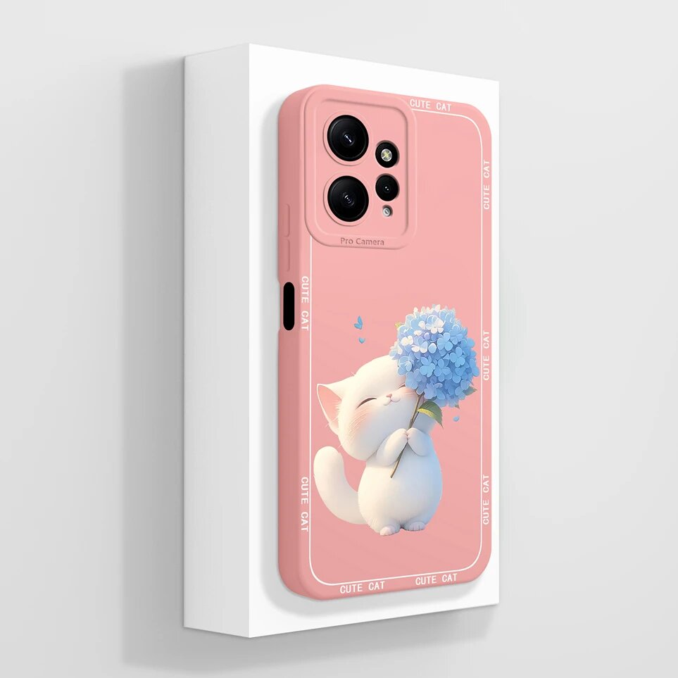 Розовый чехол Redmi Note 12 5G с котиком и цветами
