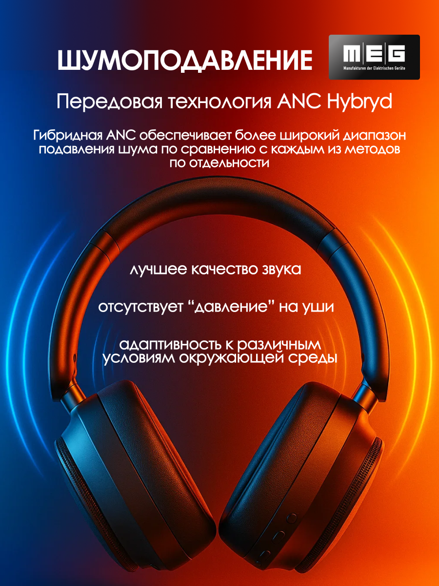 Беспроводные наушники MEG HWA200BL, Bluetooth 6.0, до 60ч, ANC Hybrid, Multipoint, LowLatency, черный