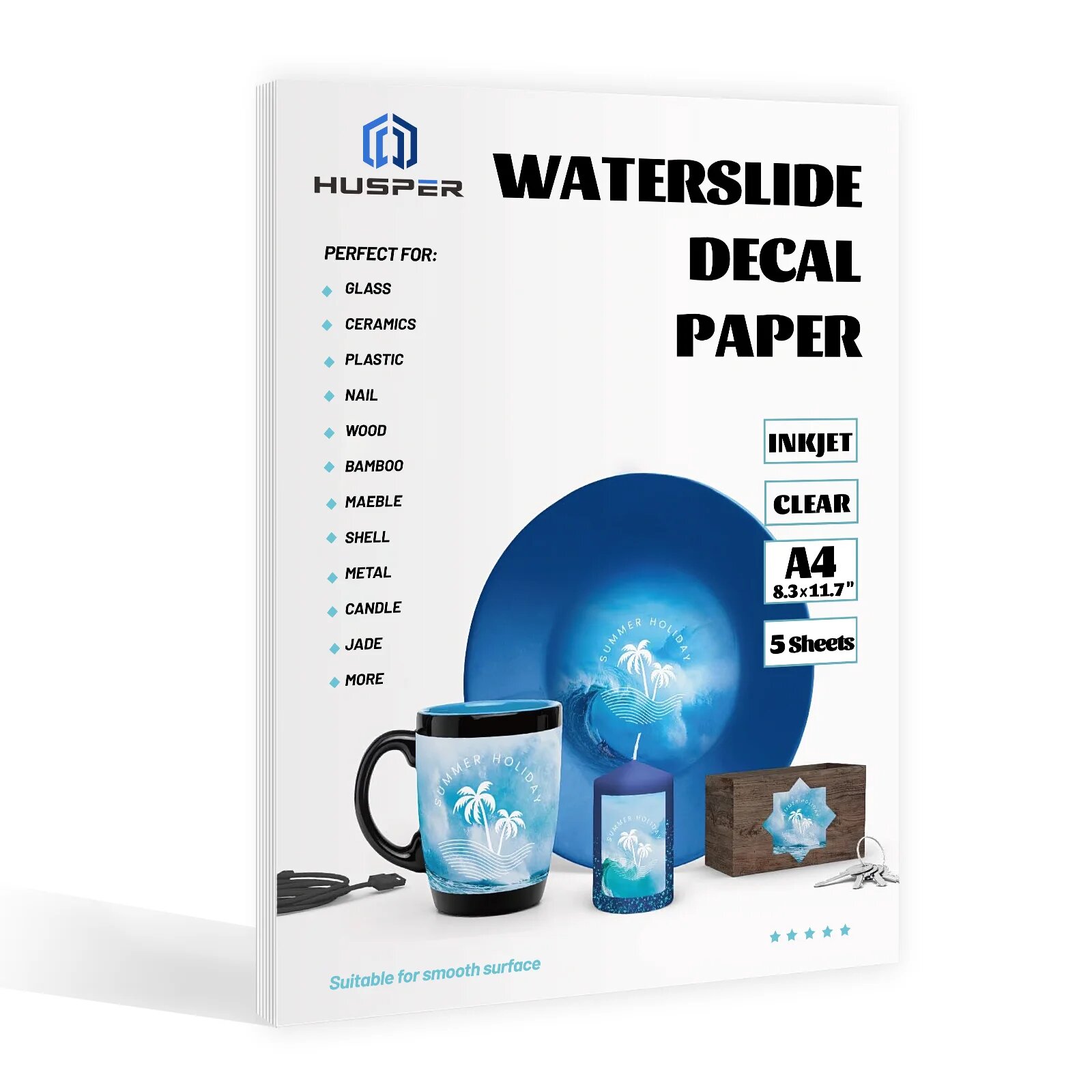 Глянцевая бумага для наклеек HUSPER Watererslide для принтера INKJET — CLEAR, 5 листов, A4 (8,3 × 11,7 дюйма), прозрачная вод.