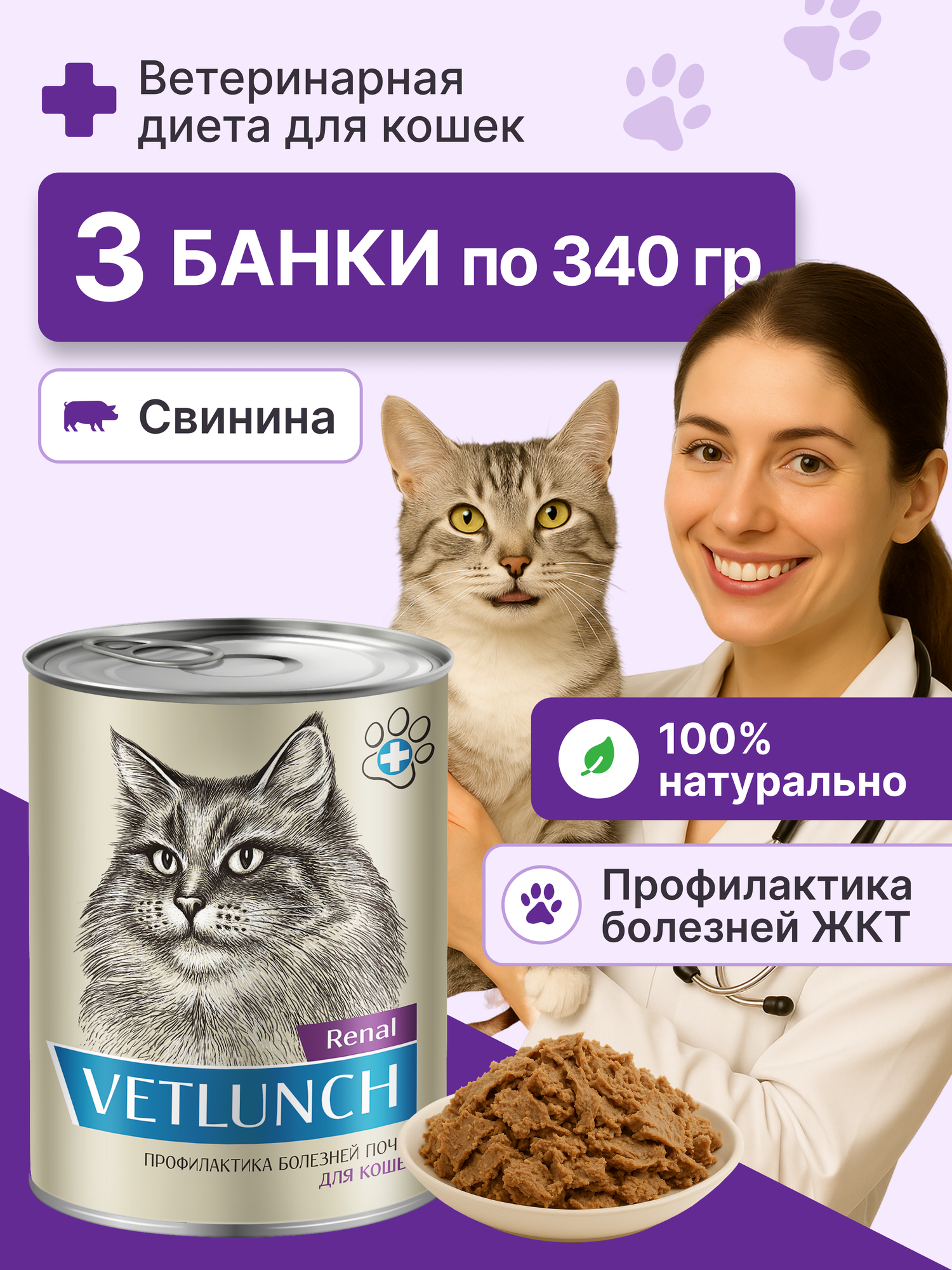 Влажный корм для кошек Vetlunch Renal профилактика болезней почек консервы 3шт. * 340гр.