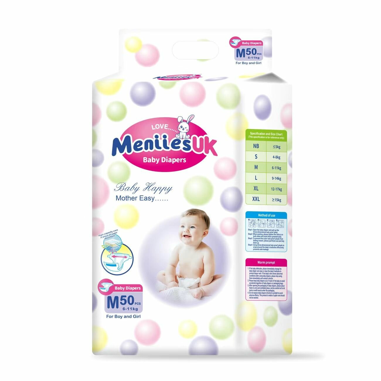 Подгузники-трусики MeniiesUK для детей размер M / 3 (6-11 кг), 50 шт, дышащие