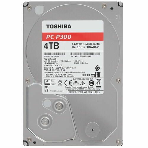 3.5" 4 ТБ Жесткий диск Toshiba P300 (HDWD240UZSVA) - SATA III, 6 Гбит/с, 5400 об/мин, кэш память - 128 МБ