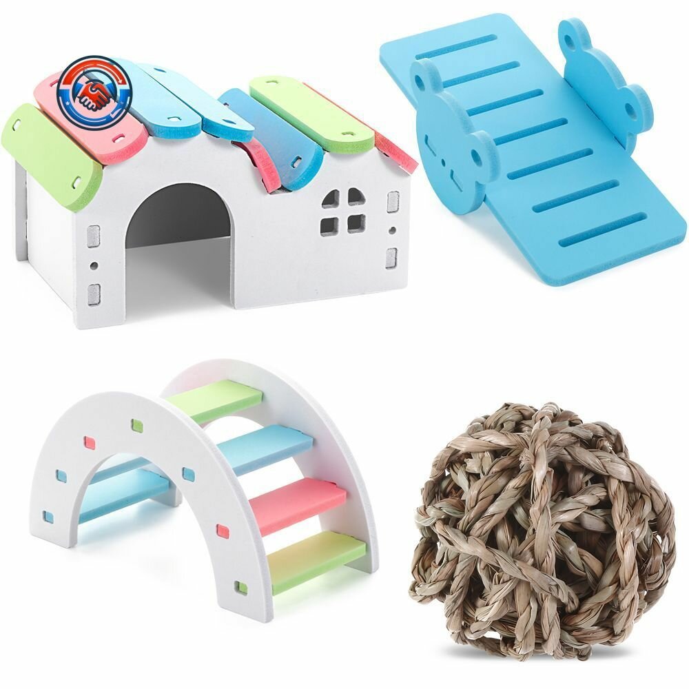 Домик и радужный мостик для хомяка, набор деревянных игрушек и качели для грызунов, травяные шарики для стачивания зубов, уютный аксессуар для клетки мелких животных
