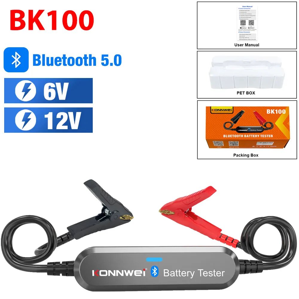 KONNWEI BK100 BK200 6 В 12 В 24 В Bluetooth 5,0 Автомобильный тестер аккумулятора для грузовиков Монитор формы волны 100-2000 CCA Инструменты для тестирования зарядки, BK100 6V 12V