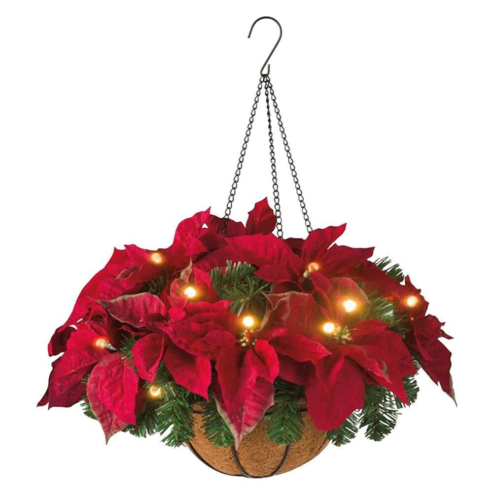 Pre Lit Christmas Hanging Basket Flocked with Mixed Decorations and LED Lights Artificial Frosted Berry Pine Cones for Outdoor Yard Decor
