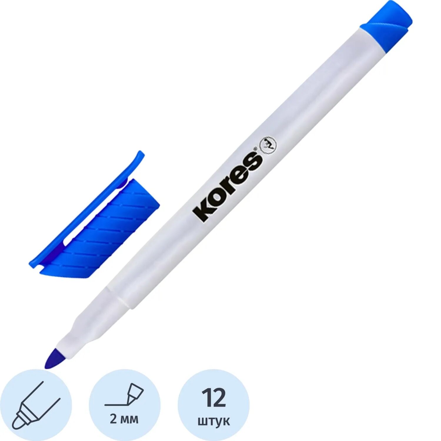 Маркер для белых досок Kores, тонкий круглый наконечник, синий 22803