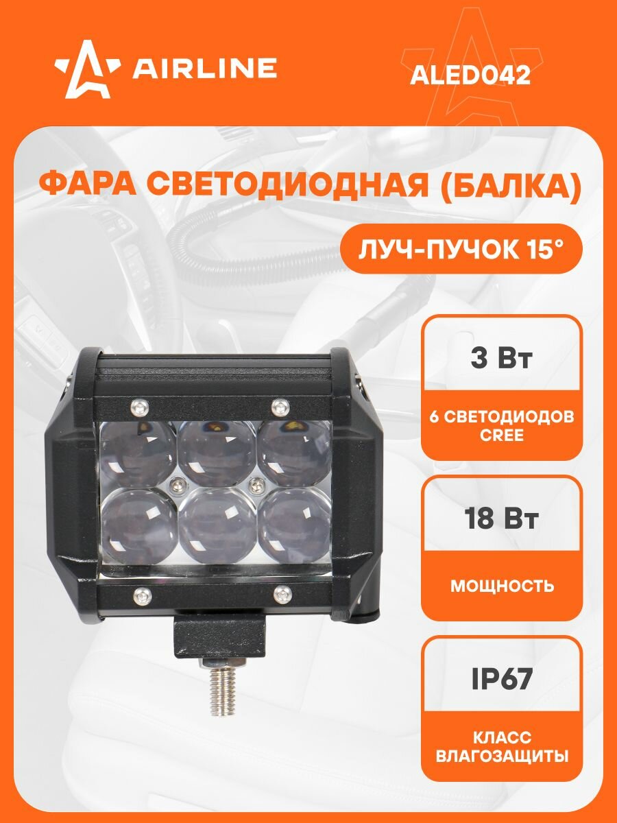Балка 2 шт светодиодная двухрядная, 18Вт, 12/24В, 6 диодов, 4D линза (направленный дальний свет), 98х78х65мм, AIRLINE ALED042