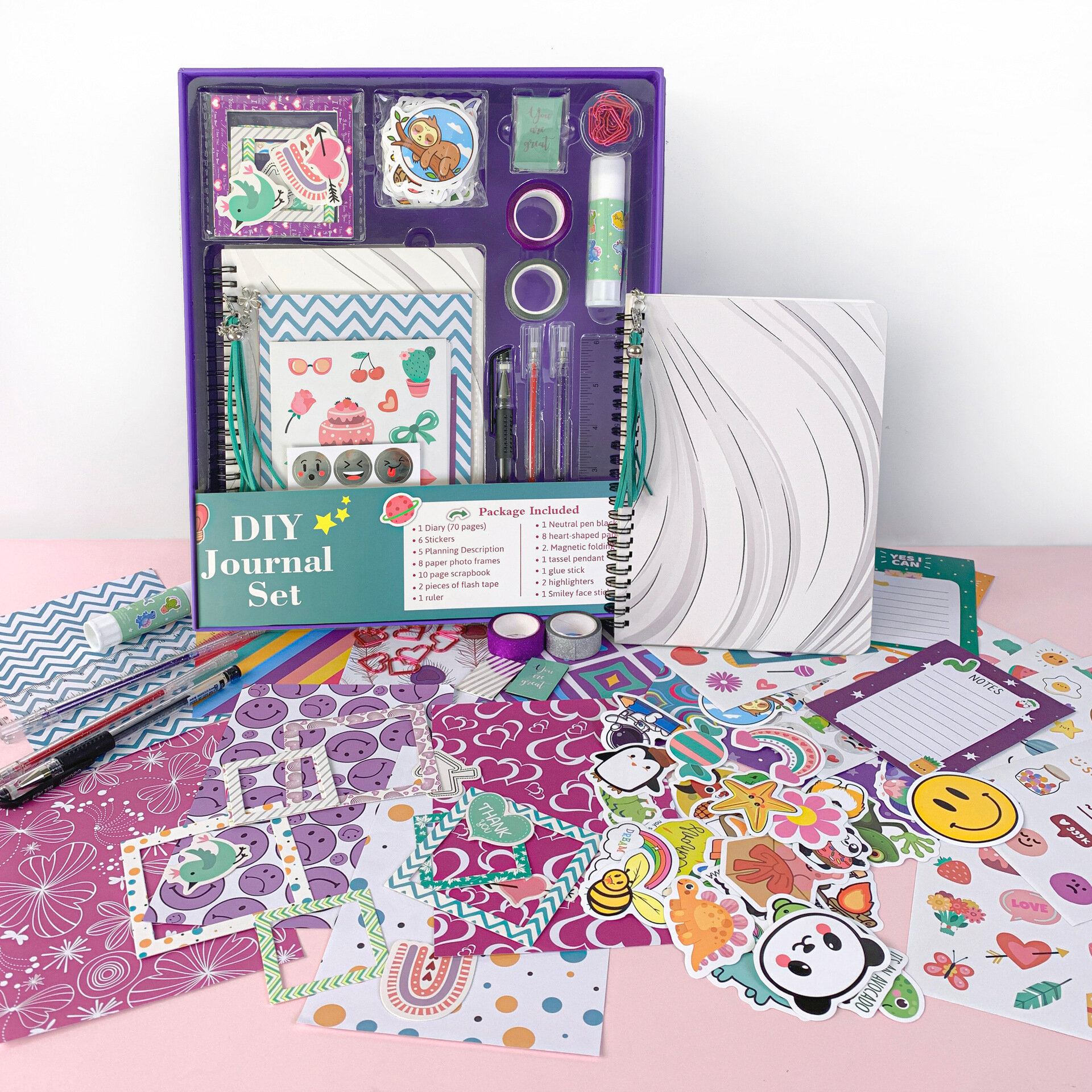 Набор для творчества DIY Journal Kit Planner Notebook Scrapbook & Diary Supplies Set, включающий 1 Дневник (70 страниц), 6 Листов стикеров, 10 Листов скрапбука, 5 Плановых описаний, 1 Стикер со смайликом, 8 Фоторамок из бумаги, 5 Карточек, 50 Стикеров, 2