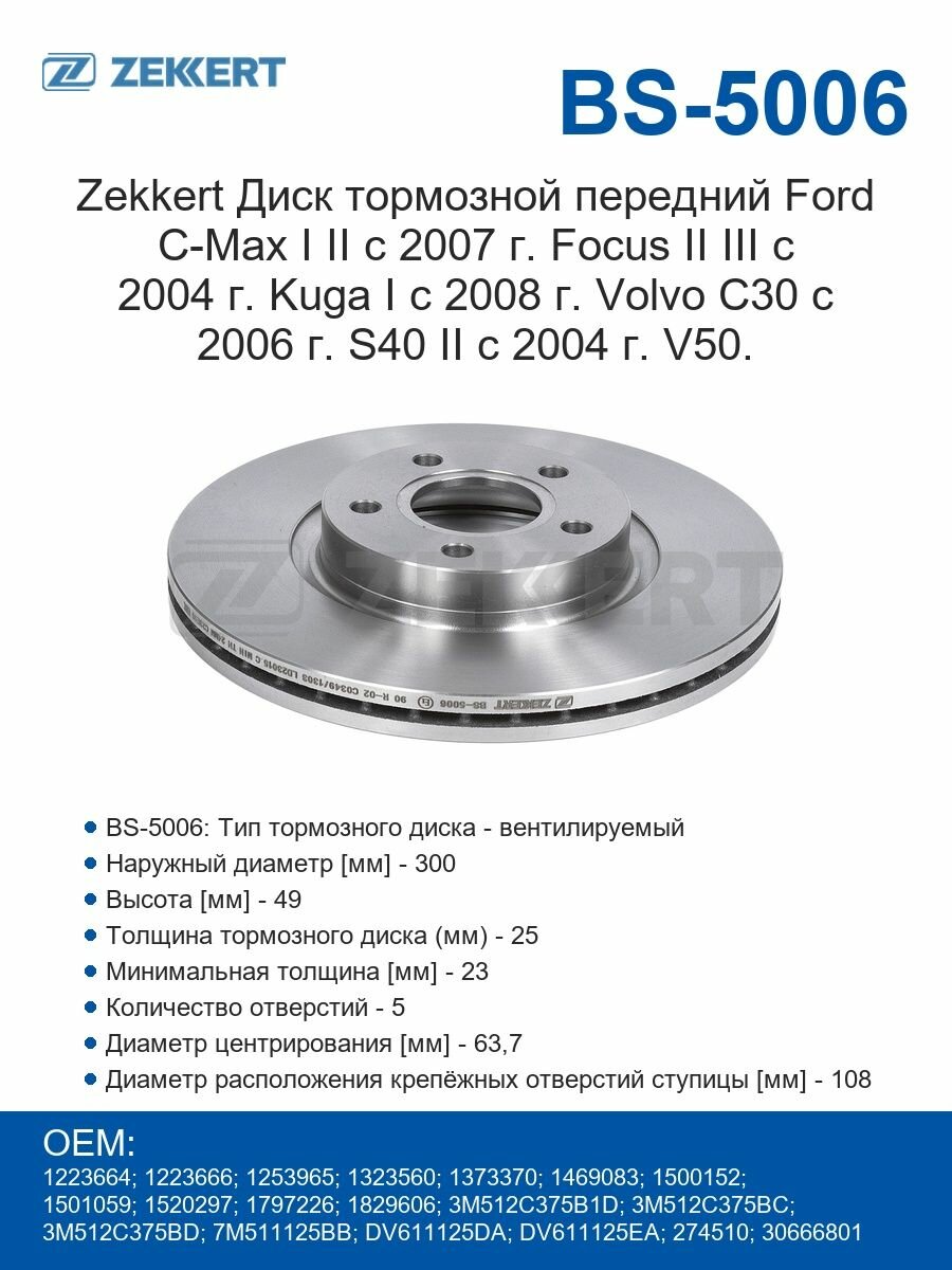 Zekkert Диск тормозной передний Ford C-Max I II с 2007 г. Focus II III с 2004 г. Kuga I с 2008 г. Volvo C30 с 2006 г. S40 II с 2004 г. V50.