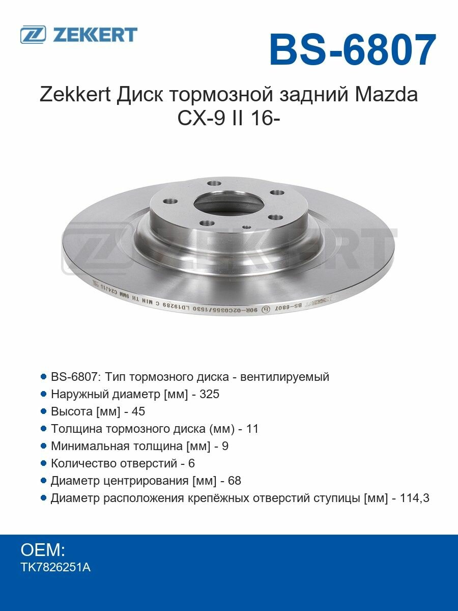 Zekkert Диск тормозной задний Mazda CX-9 II 16-