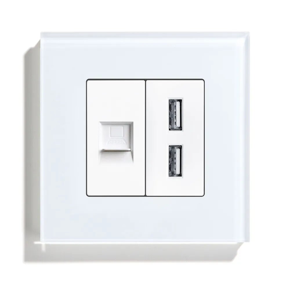 Розетка комп RJ-45 /2USB с рамка стекло, интернет розетка CAT5+USB, Белая,86mm