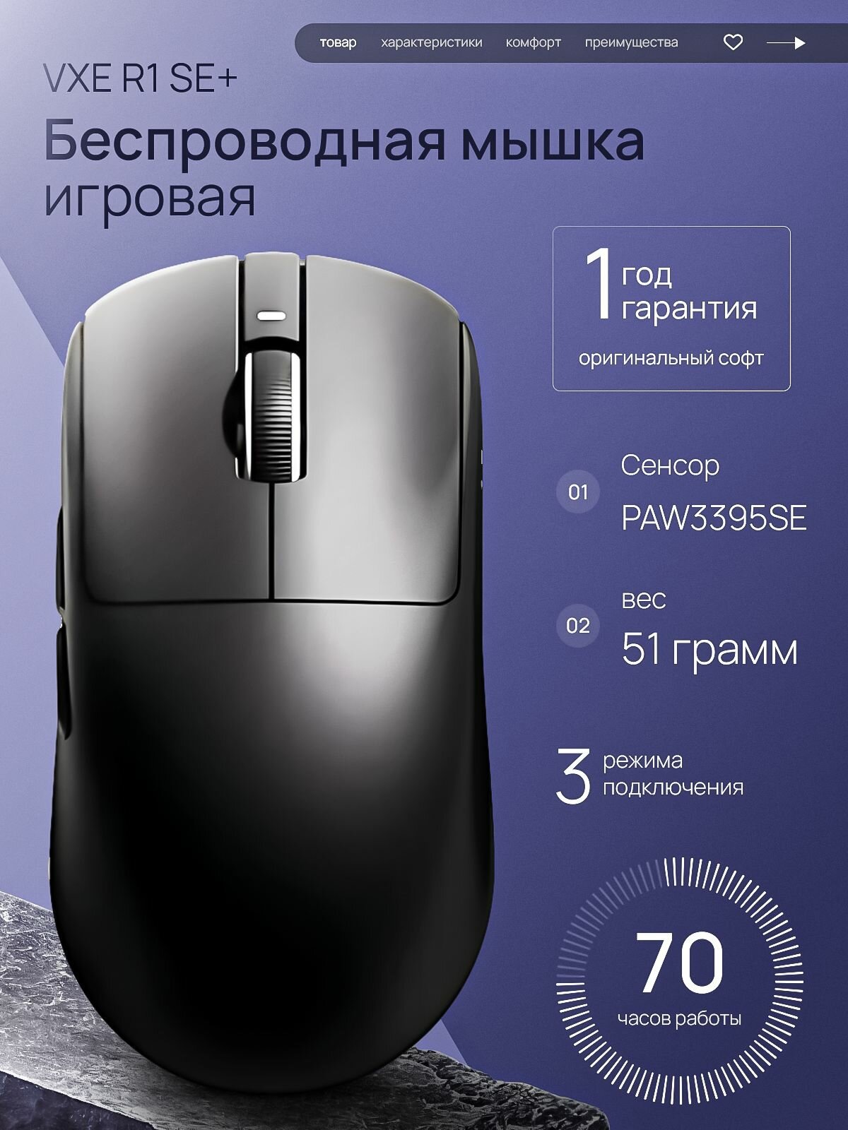 VXE Игровая мышь беспроводная R1 se+, черный