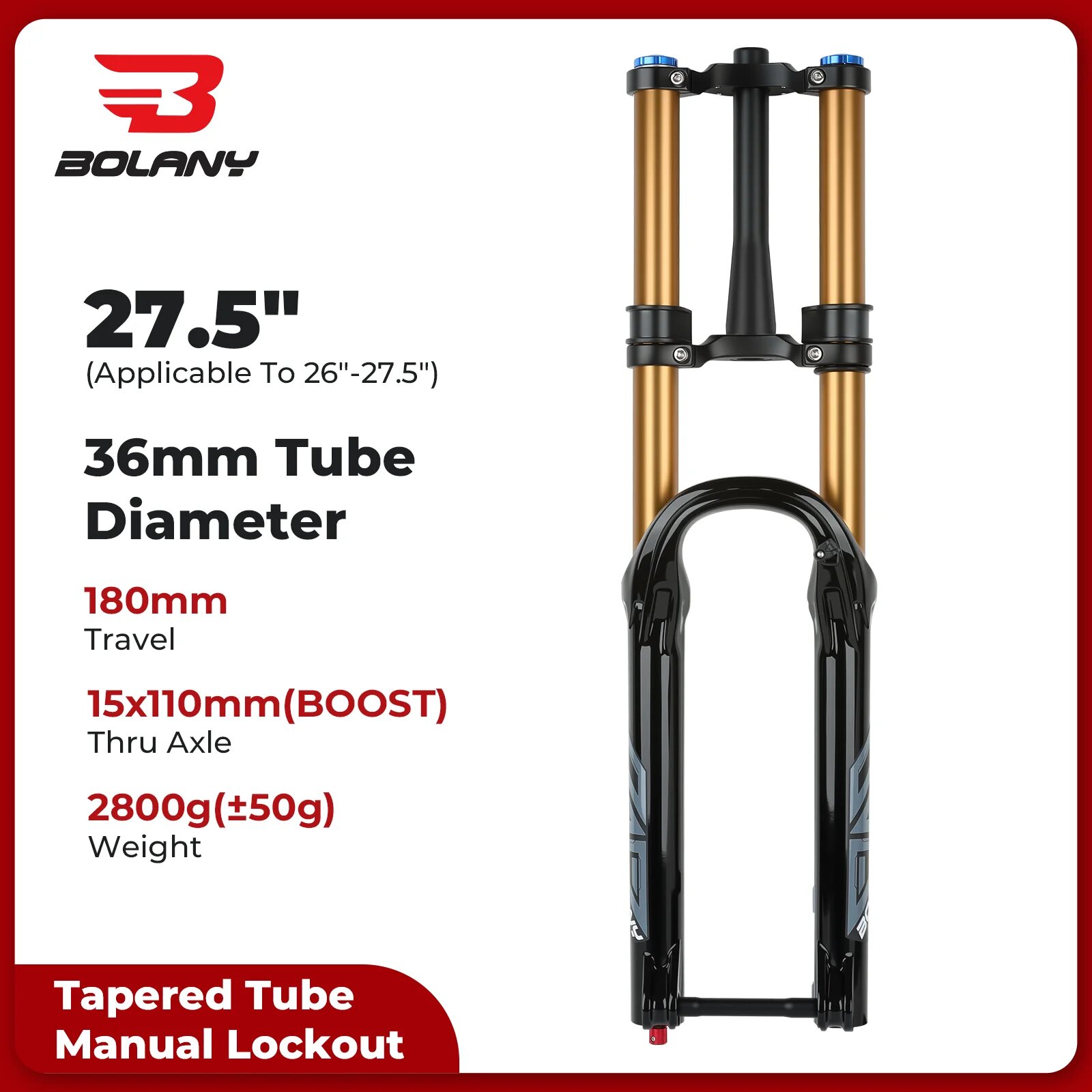 BOLANY Вилка MTB 27.5", 36мм, 180мм, Boost, Черный