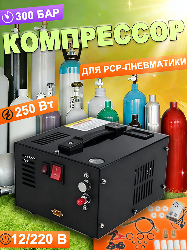 Компрессор высокого давления 300 бар для PCP-пневматики, 250 Вт, 12/220 В, с автоматическим отключением