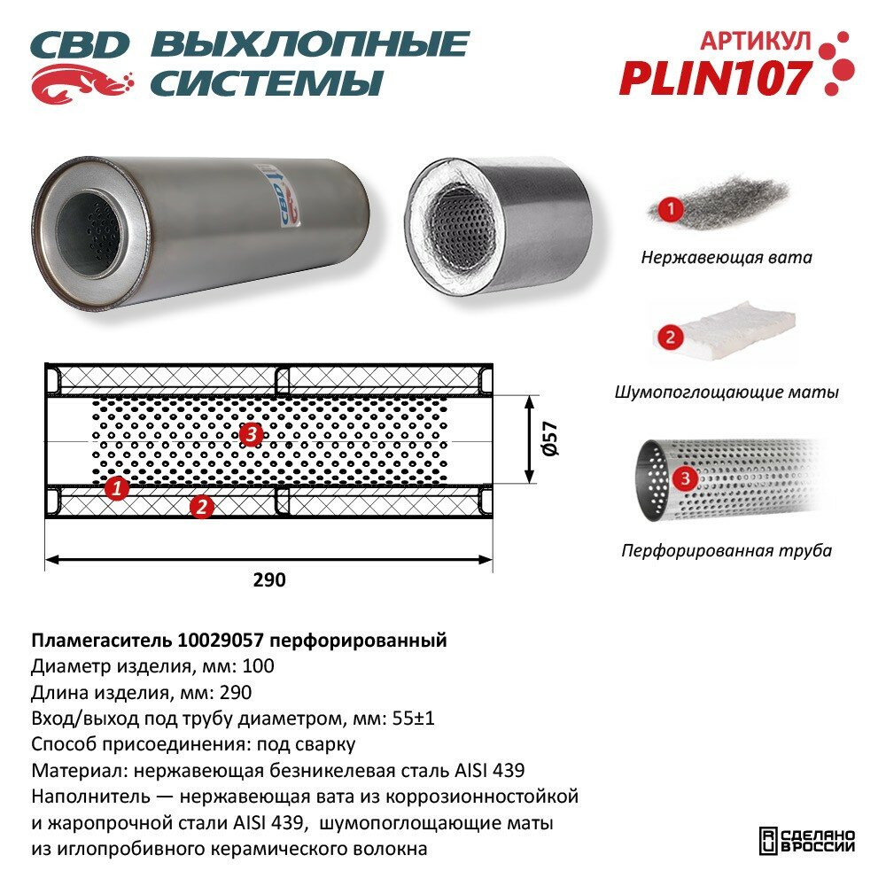 Пламегаситель 10029057 перфорированный внутр. узел, из Нерж. стали. CBD. PLIN107
