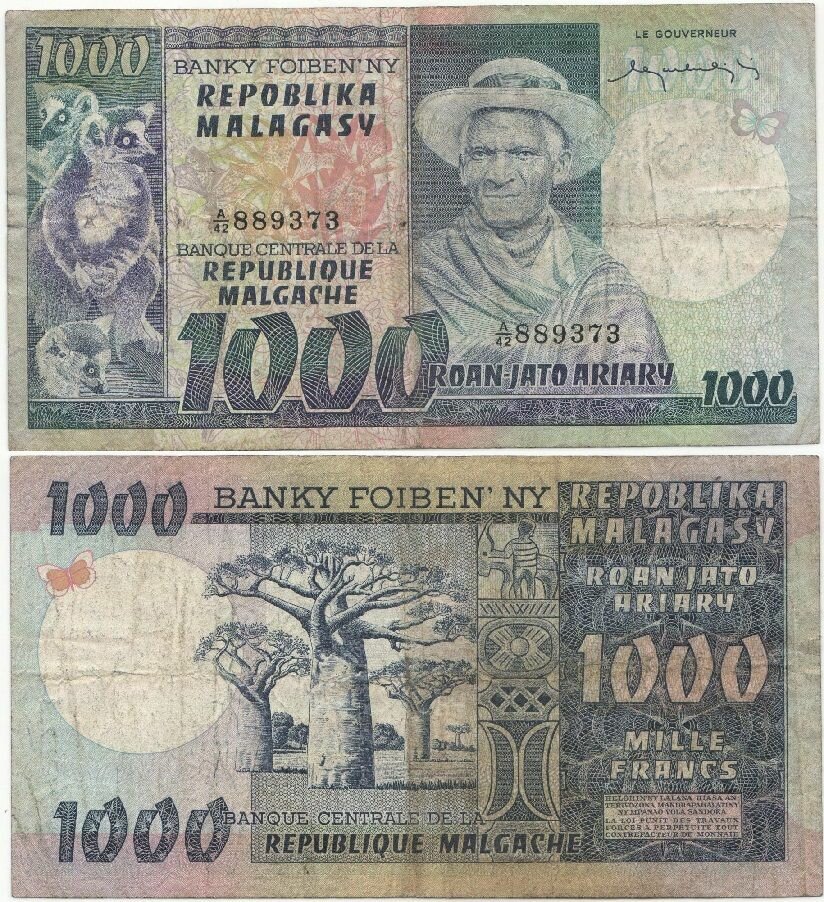 Банкнота Мадагаскар 1974 год 1 000 франков Старик VF