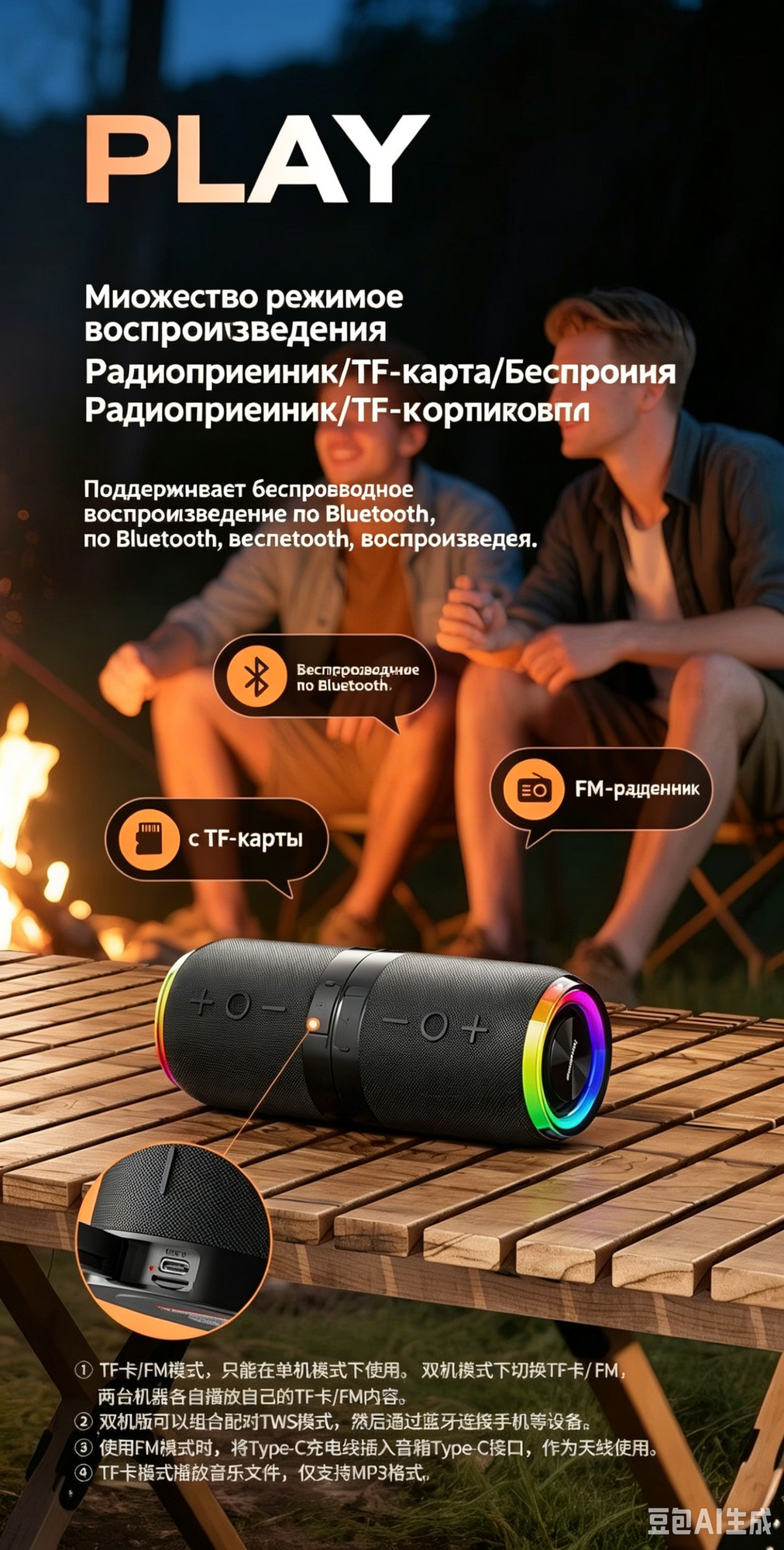 Портативная акустическая система , 360-градусный звук, Bluetooth 6.0, аккумулятор 2000мАч