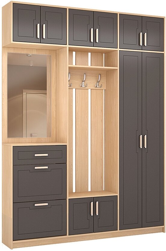 Прихожая с МДФ-фасадами Фабрика Стиль Вега-А413 МД, корпус Клен, фасады МДФ Графит, 176.8x236x31см