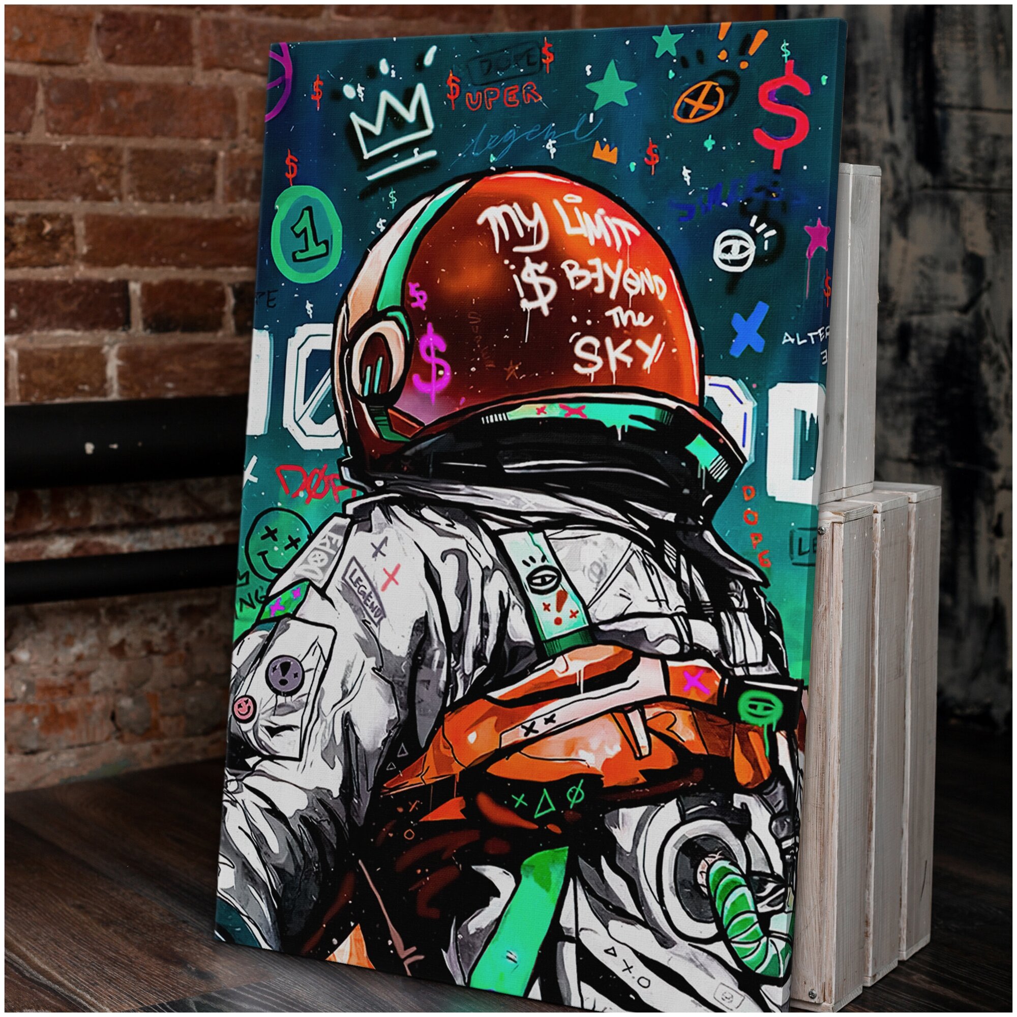 Картина на холсте с подрамником Астронавт "Небо это не предел" современный постер с космонавтом поп арт граффити