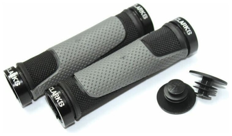 Ручки на руль для велосипеда грипсы CLARKS CLOG308 резиновые 130мм, 2 фиксатора, 2-х компонентные, черно-серые