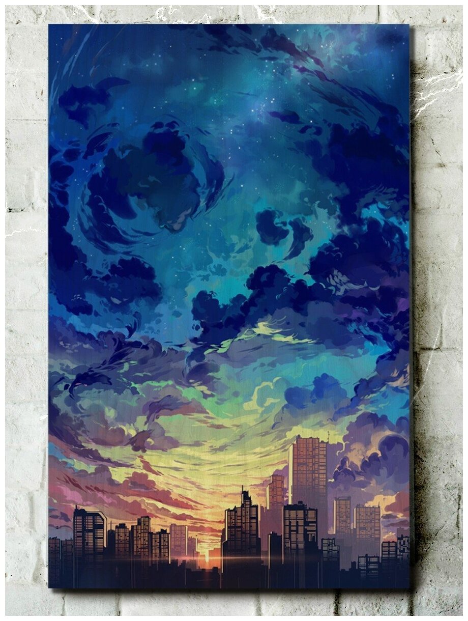 Картина интерьерная на дереве Аниме пейзаж (Миядзаки, природа, небо) - 7667 В