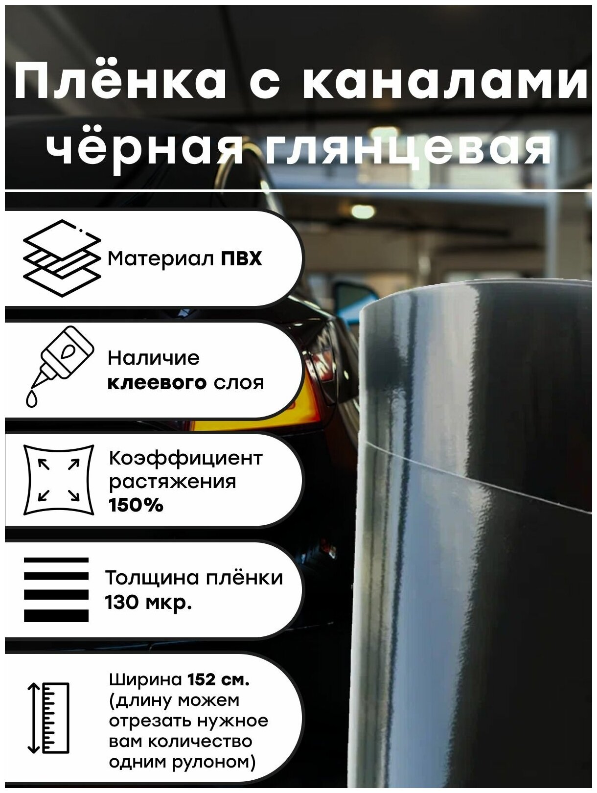 Самоклеящаяся глянцевая пленка, черный винил для авто и мебели 152 х 100 см