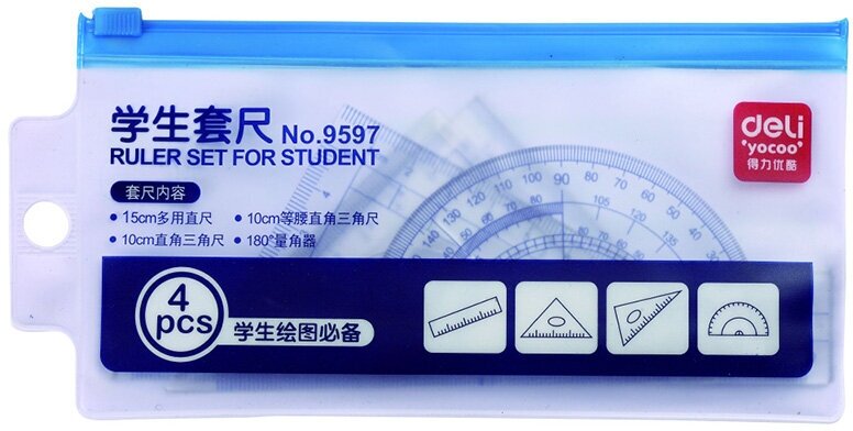 Deli E9597 Набор прозрачных линейоклинейка, 2 треугольника и транспортир для черчения