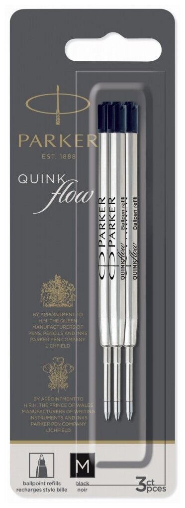 Стержни для шариковой ручки Parker 3шт. Цвет черный , толщина линии М, в блистере. Франция 2119151