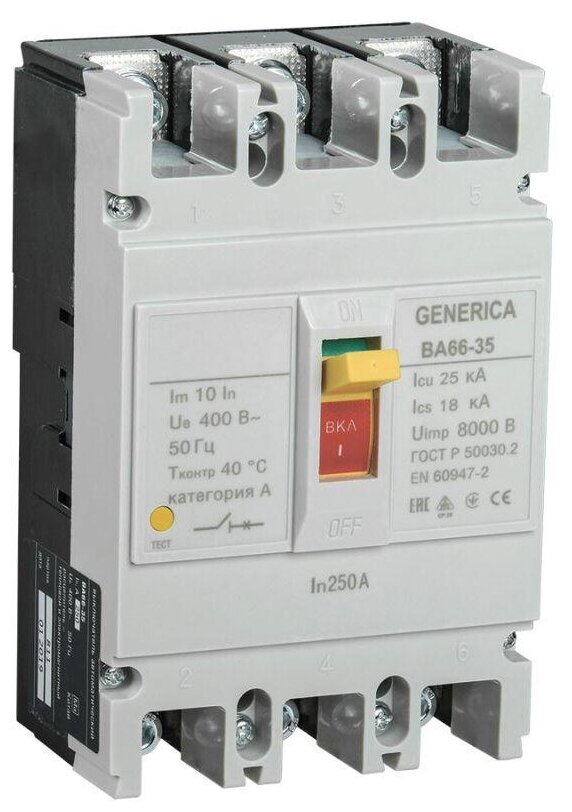 Автоматический выключатель ВА66-35 3Р 250А 25кА GENERICA, IEK SAV30-3-0250-G (1 шт.)