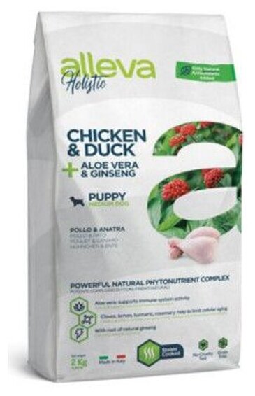 Корм сухой Alleva Allеva Holistic для щенков и юниоров с курицей и уткой, алое вера и женьшенем, медиум 2 кг